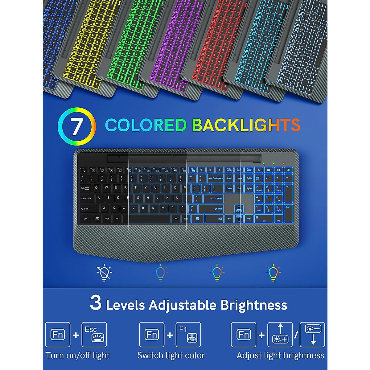 Trueque Wireless Keyboard with 7 Colored Backlits, Wrist Rest, Phone Holder, Rechargeable Ergonomic Computer Silent Keys, Full Size Lighted for Windows, MacBook, PC, Laptop (Gray), Grey