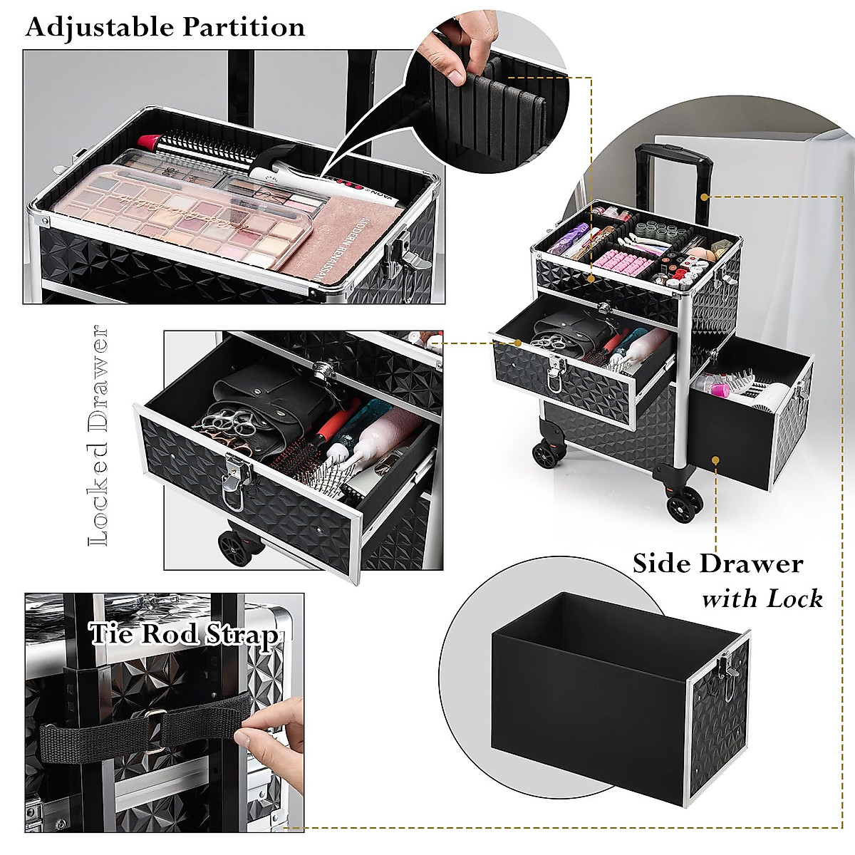 Joligrace Rolling Makeup Case with Wheels Professional Cosmetology Large Train Case Wheeled Cosmetic Trunk with 8 Divided Trays for Makeup Artist, Hair Stylish or Home Use - Black