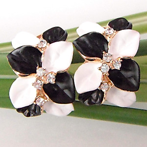 Navachi 18k Gold Plated White Crystal White Black Enamel Leaves Flower Az1141 Omega Back Earrings