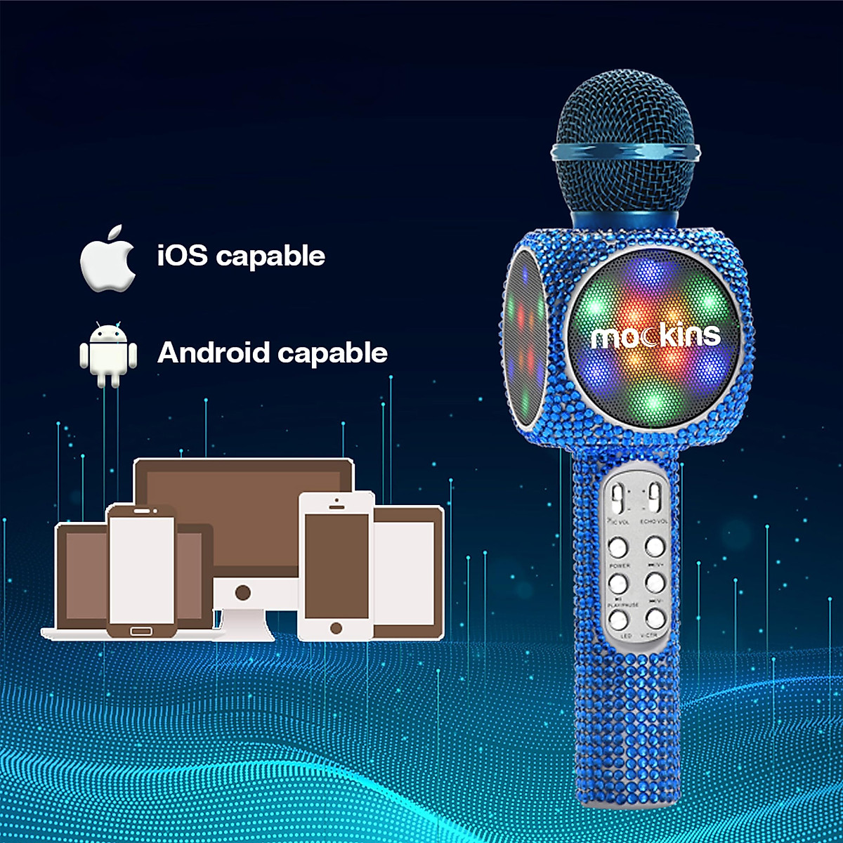 Mockins Blue Bling Karaoke Microphone for Kids | Wireless Mic with Voice Changer & LED Lights | Portable Microphone for Singing w/ Cable & Carry Case