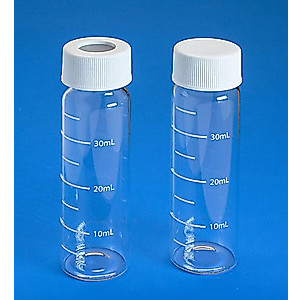 JG Finneran 9-093 Clear Borosilicate Glass Standard VOA Vial with White Polypropylene Open Top Closure and 0.100" PTFE/Silicone Septa, 24-414mm Cap Size, 60mL Capacity (Pack of 72)