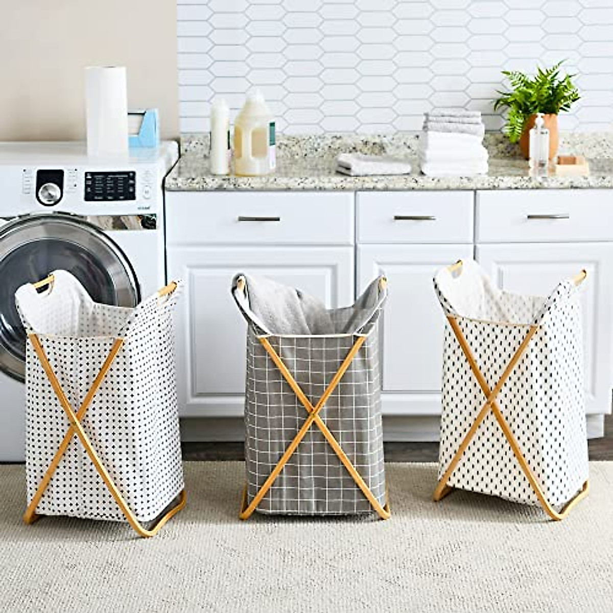 Household Essentials Bamboo X Frame Hamper with Cross Pattern, Black and White