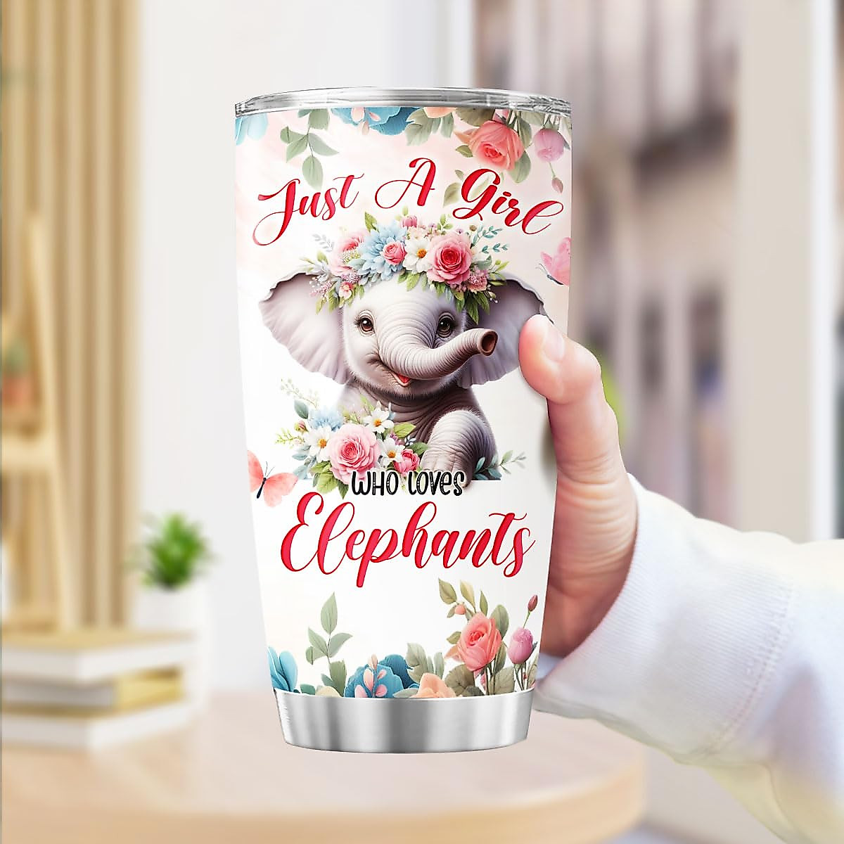 HUBUPU Just A Girl Elephant, Tumbler 20 Oz With Lid And Straw, Floral Flower, Elephant Gifts