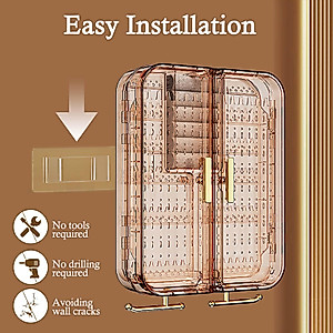 Qryval Wall Mounted Jewelry Organizer, No Punching Installation, Hanging Jewelry Organizer Box and Storage Case, Necklace Earring Holder Organizer Wall for Women Teen Girls (Gray Gold)