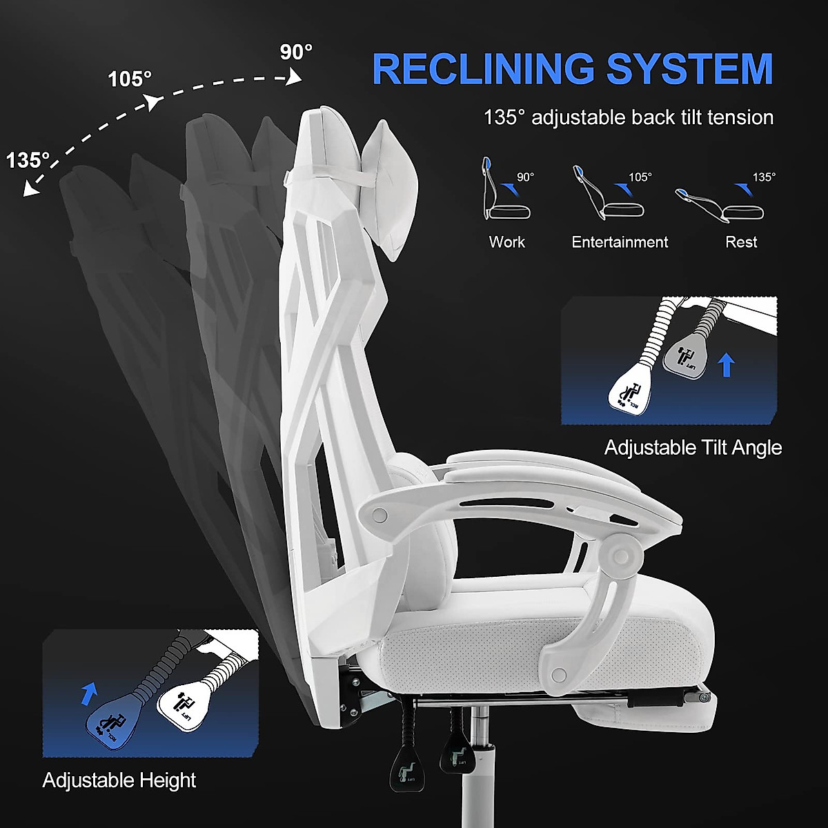 GTRACING Gaming Chair, Computer Chair with Mesh Back, Ergonomic Gaming Chair with Footrest, Reclining Gamer Chair with Adjustable Headrest and Lumbar Support for Gaming and Office (White)
