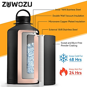 ZUWOZU 1 Gallon Water Bottle Insulated, 128oz Large Stainless Steel Water Bottles with Straw, Spout & Handle Lid, Big 1 Gallon Water Jug with Carrier Bag w/Strap, Perfect for Hot&Cold Drinks,Black