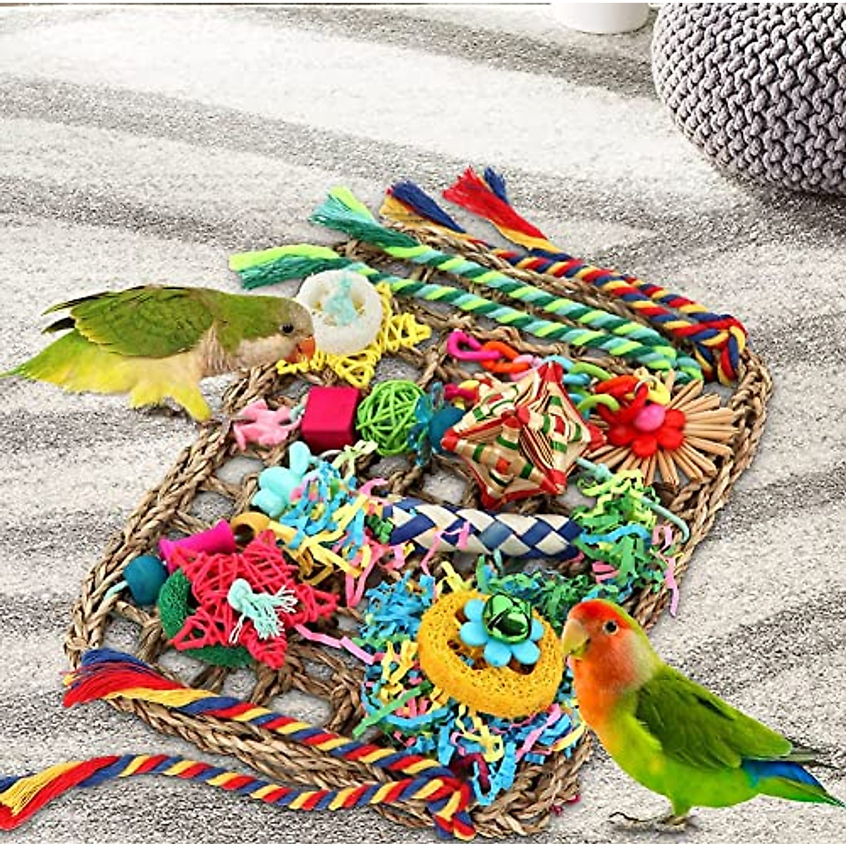 YIXUND Bird Toys Bird Foraging Toys for Parakeets Cockatiel Conures Lovebirds Bird Foraging Shredding Seagrass Wall with Various Toys for Birds