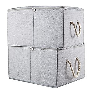 jeadwwr Large Foldable Storage Bins with Lids for Organizing, Fabric Storage Boxes with Lids for Shelves, 2-Pack Clothes Baskets with Cotton Rope Handles Zip Closet Bins (Ash Grey, 17.7x13.8x9.8in)