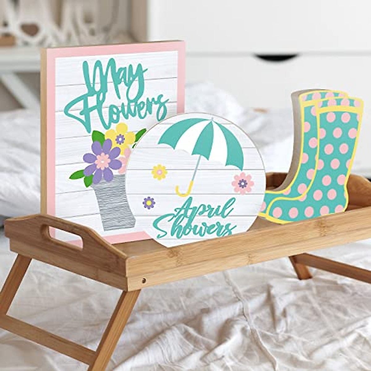 4 Pcs Hello Spring Home Wood Sign April Showers May Flowers Table Decor Signs Rain Shoes Umbrella Farmhouse Kitchen Table Decor Decorative Wooden Signs for Home Decor Spring Party Decorations
