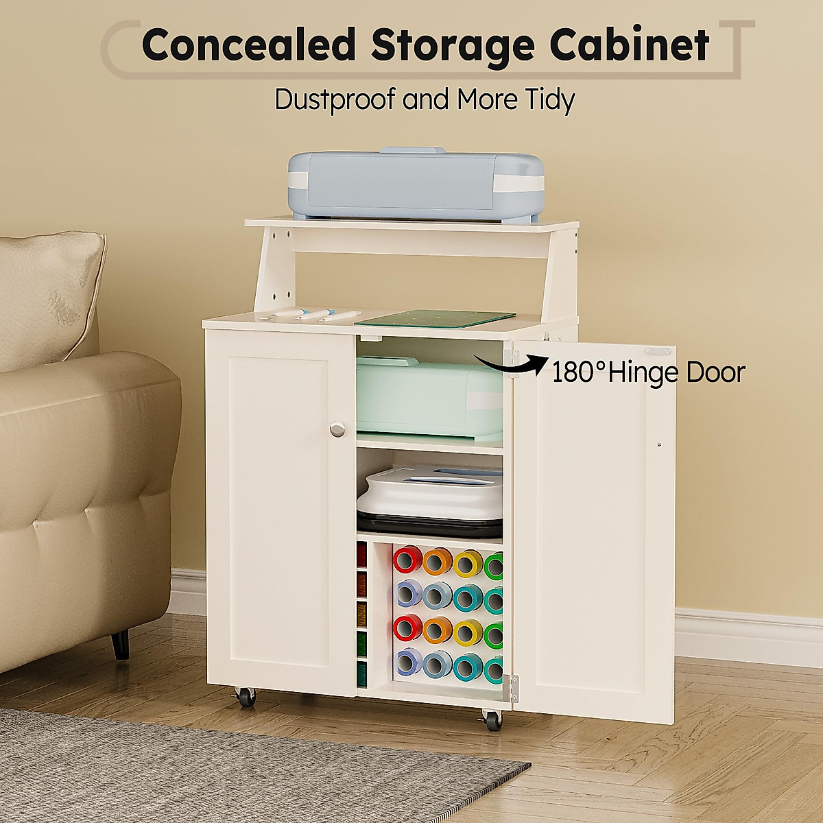 𝐂𝐫𝐚𝐟𝐢𝐭 Craft Cart Storage Cabinet Compatible with Cricut Machine, Rolling Crafting Table Furniture with Vinyl Roll Holder Organizer Desk Workstation for Craft Room Home Organization, Ivory