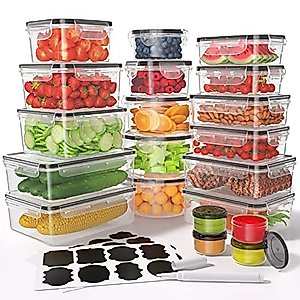 KEMETHY 40 Pcs Food Storage Containers with Lids Airtight (20 Containers & 20 Lids), Plastic Meal Prep Container for Pantry & Kitchen Organization, BPA-Free, Leak-Proof with Labels & Marker Pen