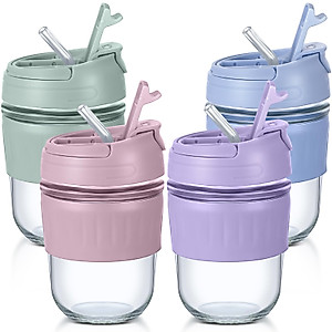 Yaomiao 4 Pieces Kids Toddler Cups, 12 oz Toddler Glass Cups with Silicone Sleeves and Plastic Straws Spill Proof Glass Sippy Cup with Stoppers for Toddlers Baby Food Storage Smoothie, 4 Colors