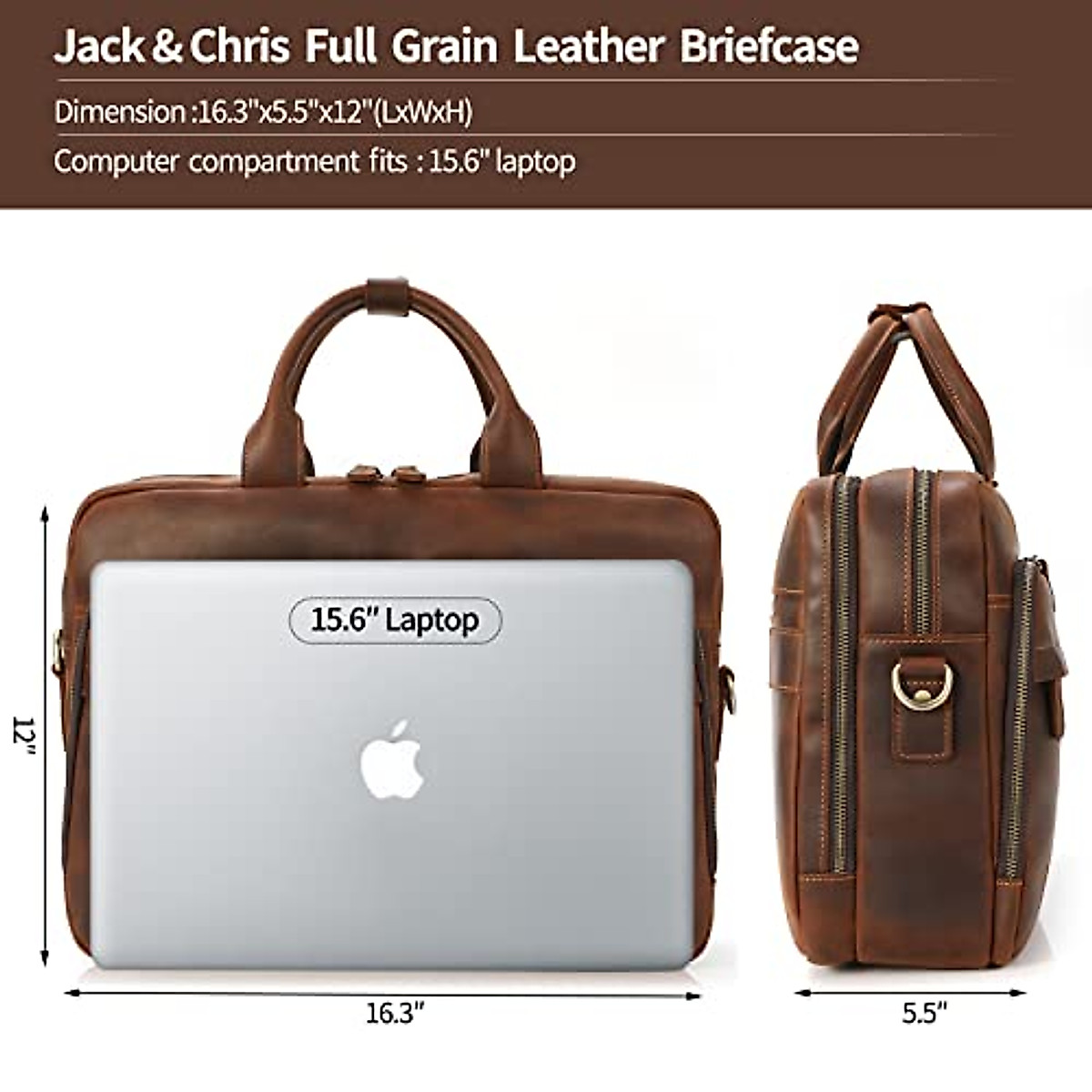 Jack&Chris Leather Briefcase for Men,Retro Business Travel Messenger Bag,Large 15.6 Laptop Work Bag