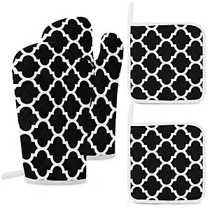 4PCS Oven Mitts Glove Kitchen Heat Resistant Pot Holders Set Black White Moroccan Quatrefoil Pattern Kitchen Microwave Oven Gloves Mitts Anti-Scald Baking Cooking Gloves