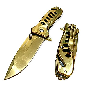 Super Knife 6.75" Gold Coated Spring Assisted Open Blade EDC Folding Pocket knife, Straight Edge Blade (Gold)