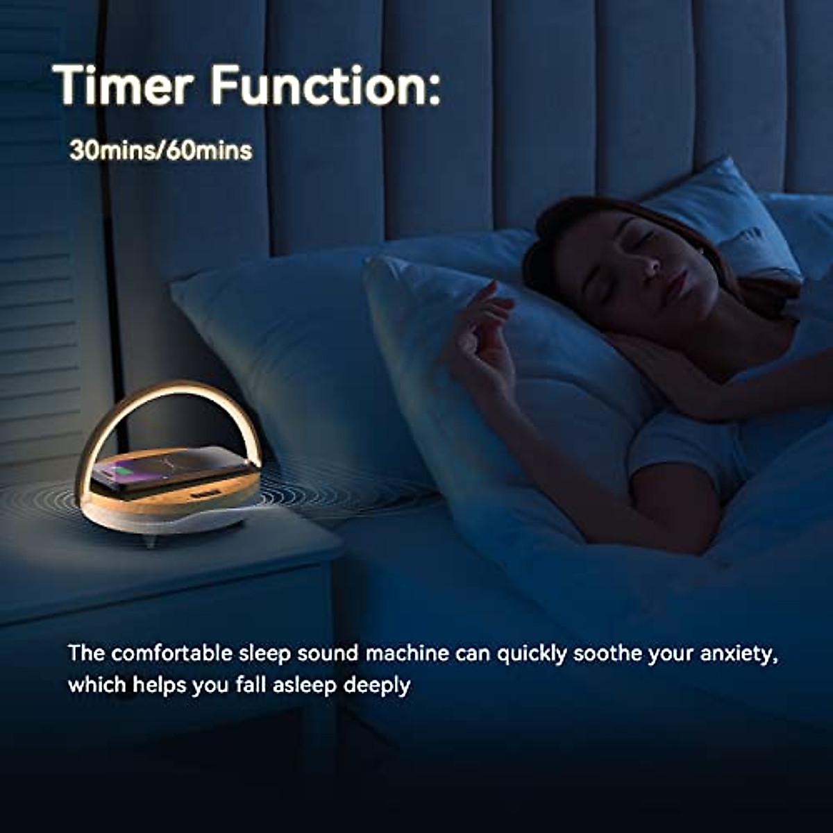 Vivilumens Bedside Lamps with Wireless Charger for Bedroom, Touch Modern 3 Level Dimmable Table Lamp with White Noise Sound Machine, Bluetooth Speaker, Birthday Gifts for Women Who Have Everything