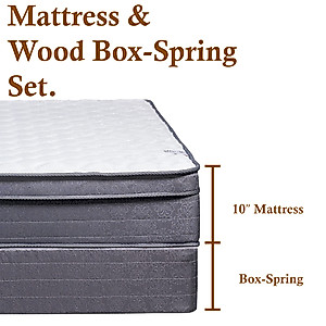 NUTAN 10-Inch Plush Foam Encased Hybrid Eurotop Innerspring Mattress and 4" Wood Low Profile Boxspring/Foundation Set, queen