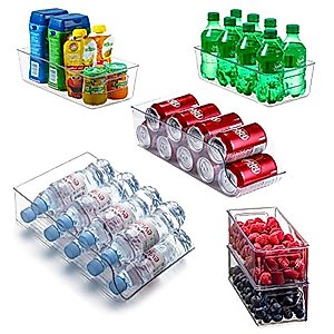 Berdeng 6pcs Refrigerator Organizer Bins Set(4 sizes),Stackable Fridge Storage Containers,Plastic Fridge Water Bottle Storage Dispenser, Pop Soda Can and Drink Holder for Freezer