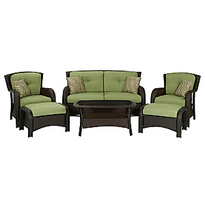 Cambridge Corrolla 6-Piece Outdoor Conversation Set, Modern Luxury Furniture for Patio, Deck, Sunroom, Loveseat, Coffee Table, 2 Chairs, 2 Ottomans, Plush Green Cushions, Patio Furniture Set