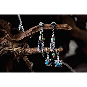 American West Jewelry Sterling Green Turquoise & Red Coral Gemstones Feather Dangle Earrings