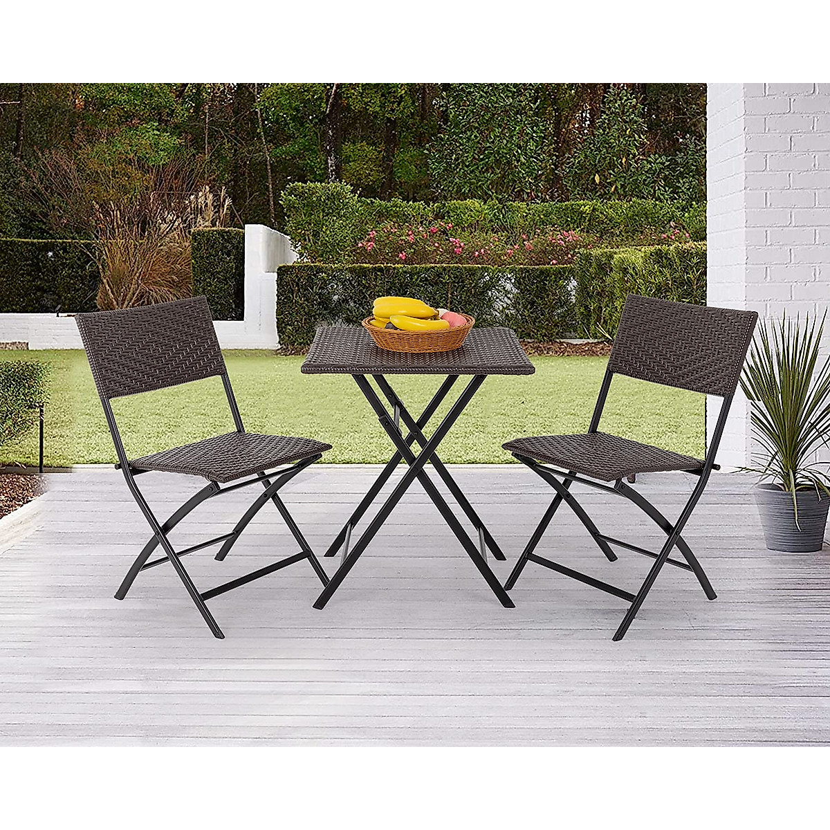FDW 3 Pieces Patio Set Folding Outdoor Patio Furniture Sets Foldable Wicker Bistro Set Rattan Chair Conversation Sets Garden Furniture for Yard Lawn Balcony Poolside Backyard No Assembly Needed,Brown
