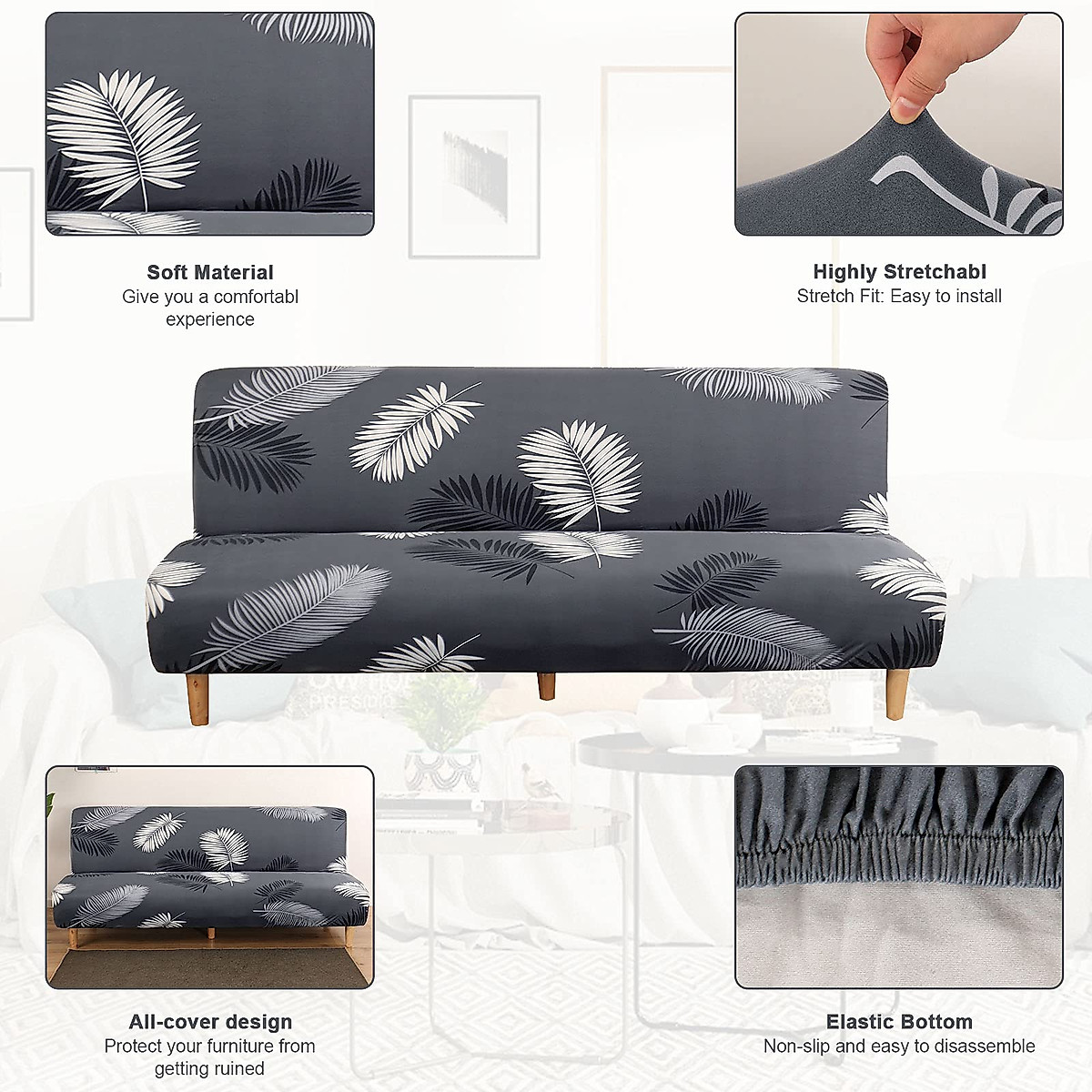 LiveGo Armless Futon Slipcovers Stretch Folding Sofa Bed Cover with Elastic Bottom, Printed Fitted Couch Cover Furniture Protector for Pets, Kids (Dark Grey)