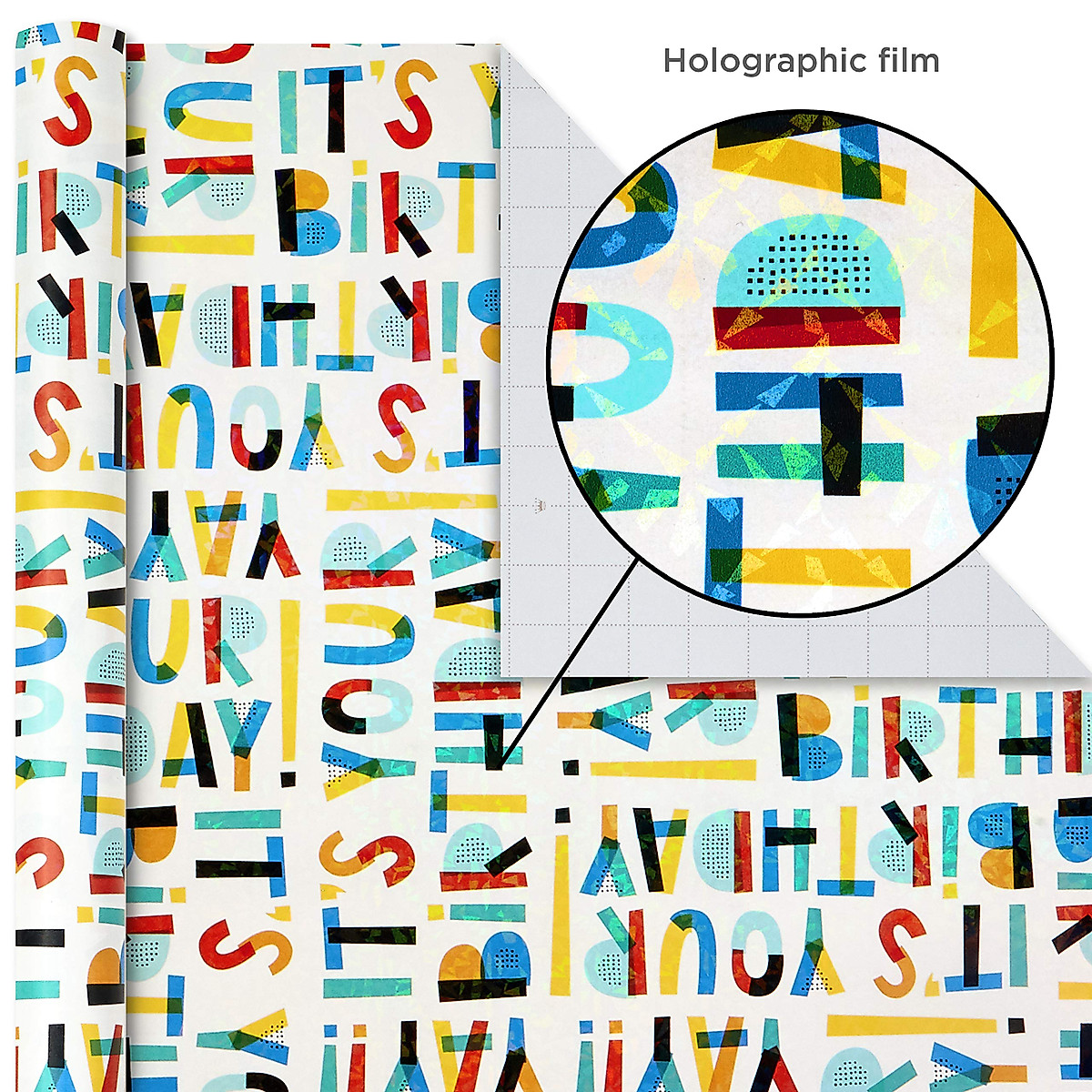 Hallmark Birthday Wrapping Paper Bundle with Cut Lines on Reverse (3-Pack: 55 sq. ft. ttl.) Bright and Holographic Prints and Patterns in Red, Blue, Yellow, White and More