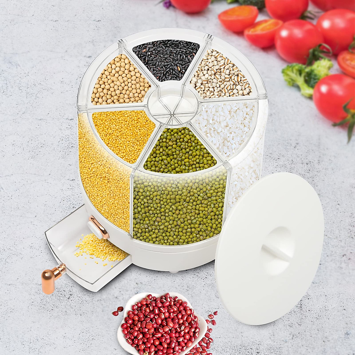 BANLICALI 6 Grid Rice Dispenser, 360° Rotating Dry Rice Dispenser PET PP Kitchen Grain Storage Container with Anti-slip Pads for Store Rice and Beans White+Clear (medium)