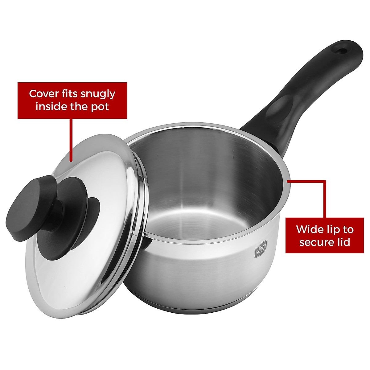 YBM Home Professional Chef’s 18/10 Stainless Steel Sauce Pot Covered Tri-Ply Capsule Base With Bakelite Handle, Terrific Mirror Silver, Induction Compatible - Black