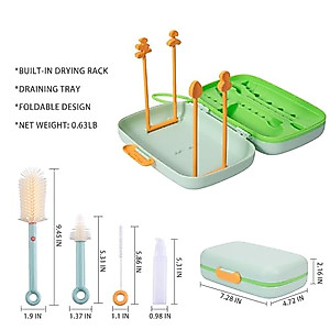 Suvast 7in1 Travel Bottle Cleaner kit,Baby Essentials, with Bottle Brush、Nipple Brush、Straw Cleaner Brush、Soap Dispenser、Bottle Drying Rack、Drainage Tray、Storage Box,Baby Travel Essential (Green)