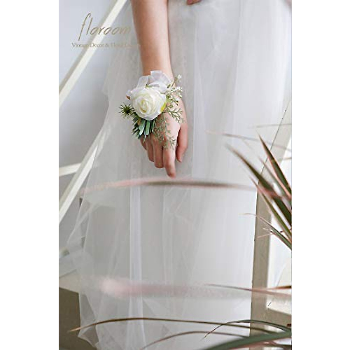 Floroom Ivory Rose Wrist Corsage Wristlet Band Bracelet and Men Boutonniere Set for White Wedding Flower Accessories Prom Suit Decorations