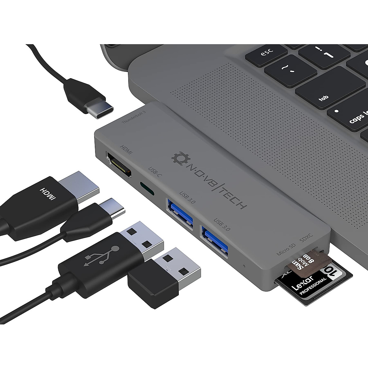 NOV8Tech USB C Hub for MacBook Air, Pro M1/M2/M3 2023/2022-2016, MacBook Air USB C Adapter Dongle, 4K HDMI, 100W PD, 40Gbps TB3 5K 60Hz, USB-C, 2 USB 3.0 and SD/Micro Card Readers (Space Gray)