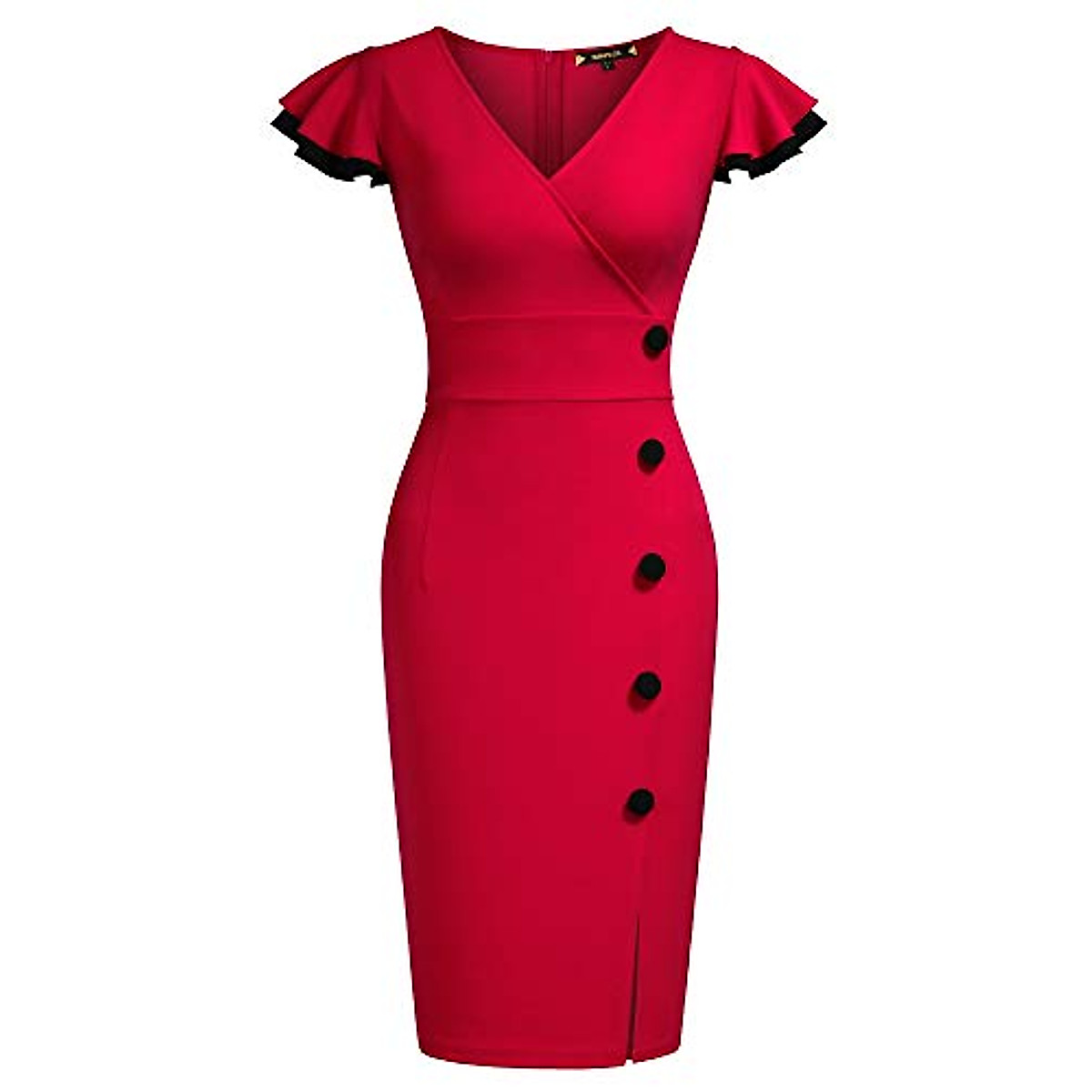 Miusol Women's Navy Style Deep-V Neck Vintage Evening Pencil Dress(X-Large,Red)