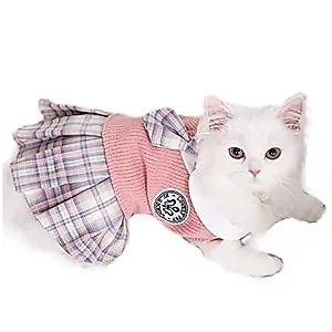 Anelekor Cute Cat Sweater Dresses with Necktie Decor Pet School Uniform Costume Puppy Spring Autumn Outfit Soft Knitted Skirt Shirts for Cat Rabbit Small Medium Dogs (X-Small, Pink)