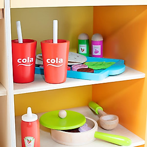 Taco Truck Wooden Playset, 30 Toy Pieces Including Cook Top, Steering Wheel, Sink, Sticker Sheet for Kids Name, Food, Taco Shells, Cheese, Patties, Dual Sided Play Stand Set for Indoor Fun, Ages 3+