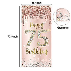 75th Birthday Decorations Door Banner for Women, Pink Rose Gold Happy 75 Birthday Backdrop Party Supplies, 75 Year Old Birthday Poster Door Cover Sign Decor