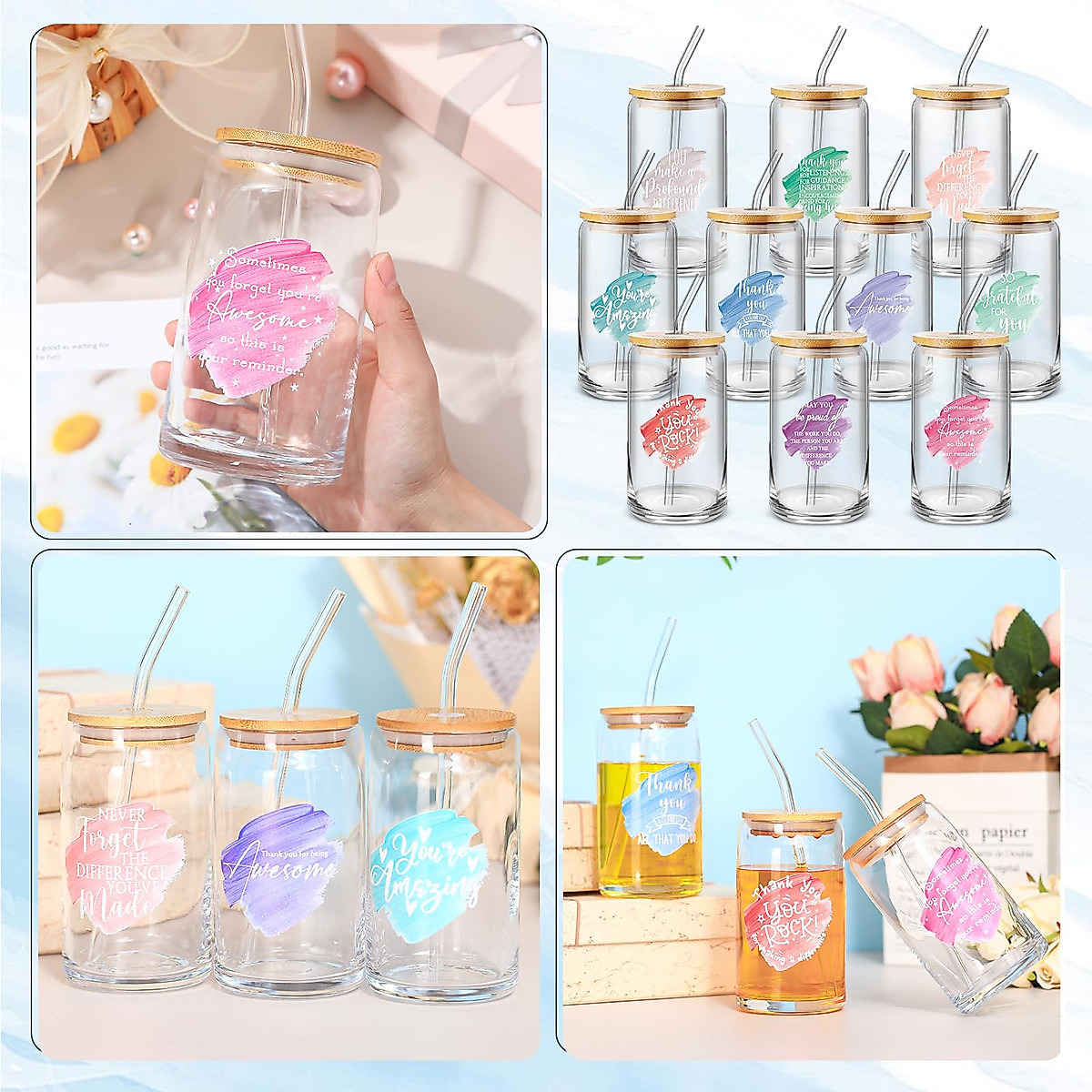 Funnymoom 10 Pcs Team Employee Christmas Appreciation Gifts 17 oz Thank You Gifts Glass Cups with Lids Straws Drinking Cup Medical Assistant Week Gifts for Emergency Nurses Accounting Women