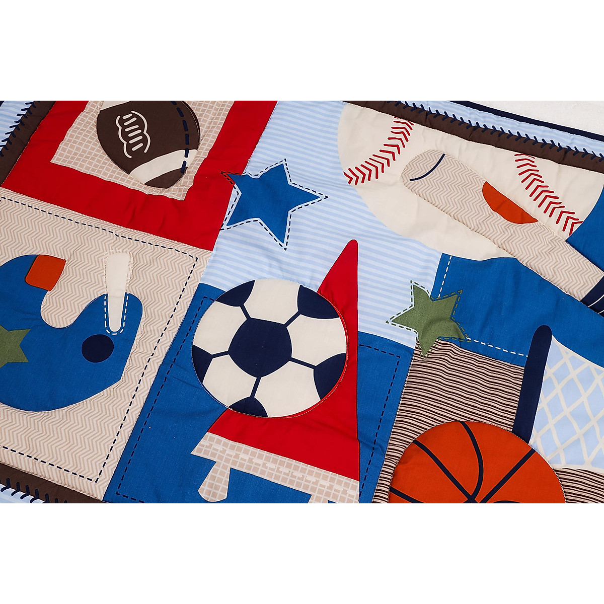 CribMATE 3 PCs Blue Sport Nursery Crib Bedding Set Baby Boy Sports Theme Cot Bedding Set 1 Quilt 1 Fitted Sheet 1 Skirt, Blue , Red , Brown, 28 X 52