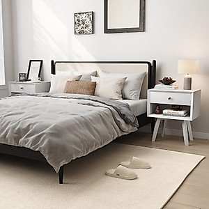 Smart FENDEE White Night Stand with Drawer, Side Table for Small Places, Mid Century Modern Nightstands with Solid Wood Legs, Beside Tables for Bedroom, 23.6" Tall