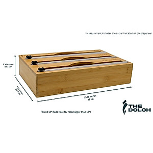 The Dolch 3 in 1 Wrap Dispenser with Cutter - Plastic Wrap Aluminum Foil and Wax Paper Organizer for Kitchen Drawer or Wall - Handy Bamboo Box for Storage - Holder Organizes Rolls -12" Roll Compatible