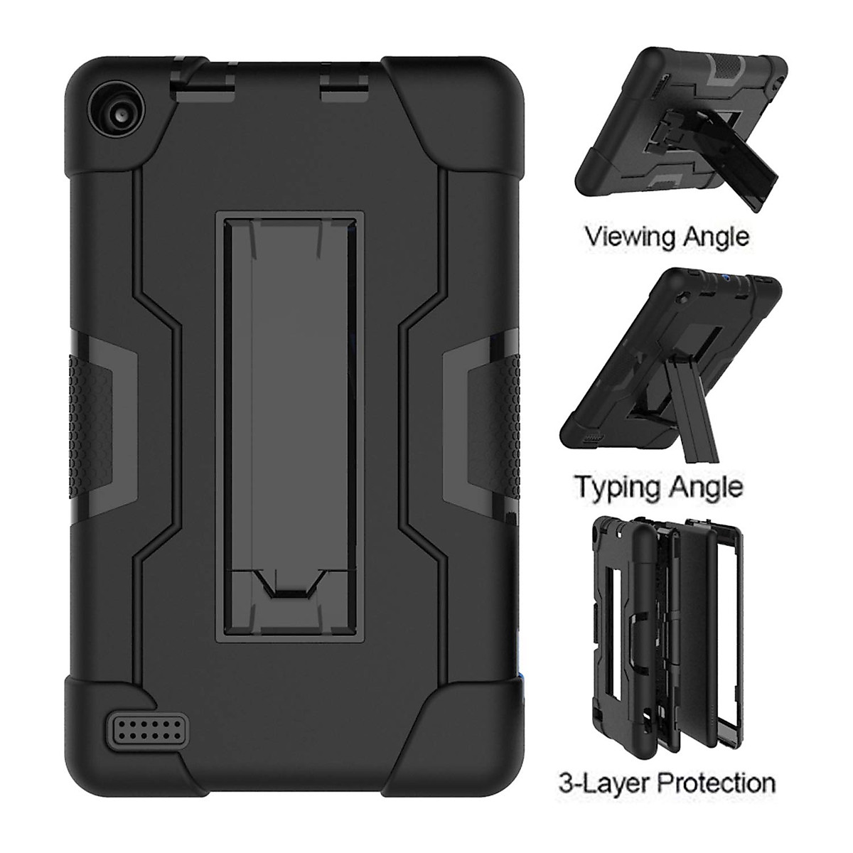 For All-New Fire 7 2019/2017 (9th Gen, 7th Gen) Case,Cherrry Heavy-Duty Rugged Kickstand Series - Shockproof Hybrid Three Layer Armor Kids Case Cover For Amazon All-New Fire 7 2019 (Black/Black)