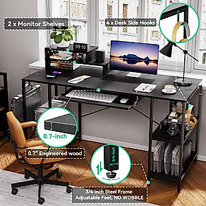 HYPIGO Workstation Desk with Keyboard Tray, 55 Inch Computer Desk with Storage Shelves Monitor Stands and 4 Iron Hooks, Industrial Desk for Home Office