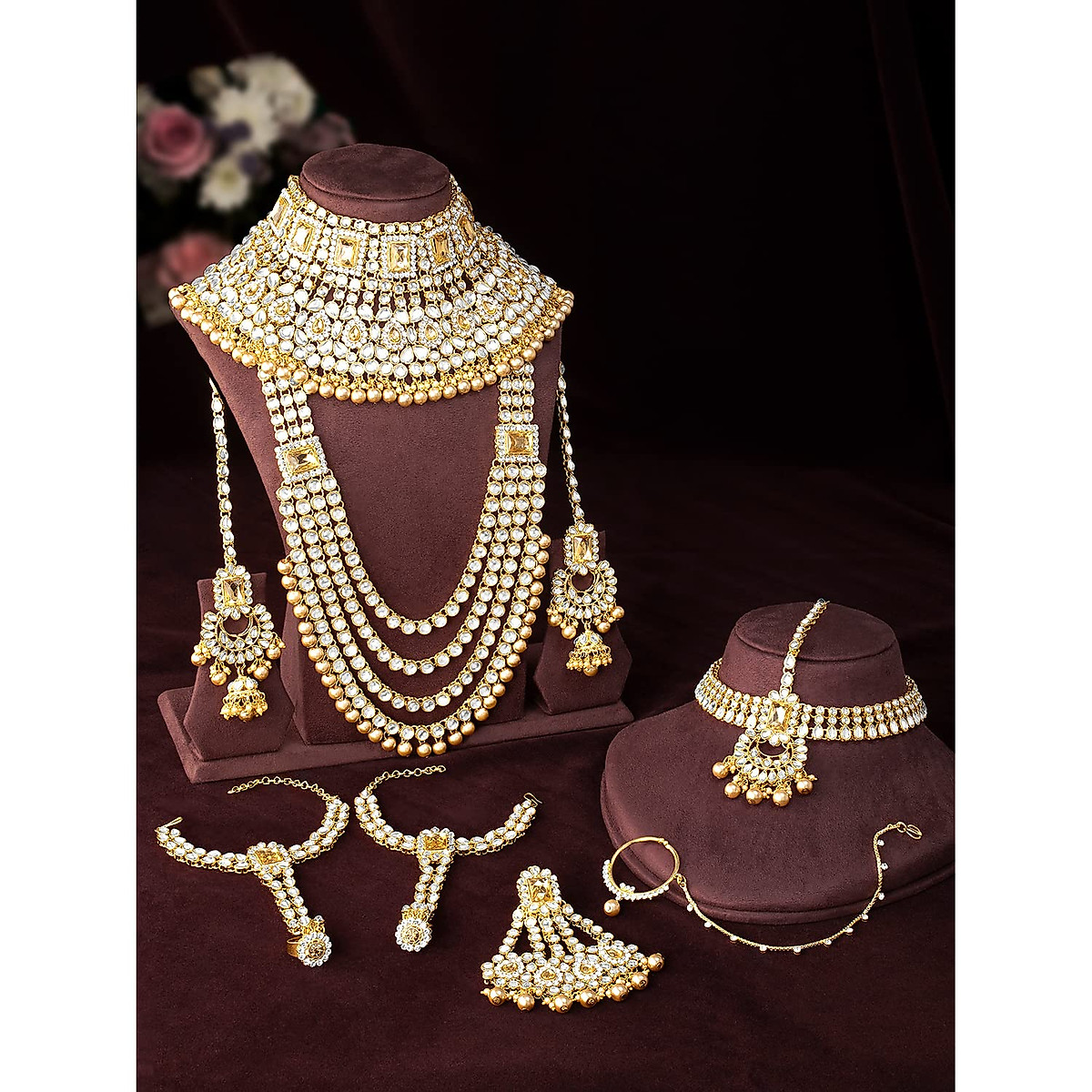 Aheli Ethnic Indian Indian Traditional Bollywood Faux Kundan Dulhan Heavy Bridal Jewelry Set with Choker Earrings Maang Tikka Hathphool for Women Girls