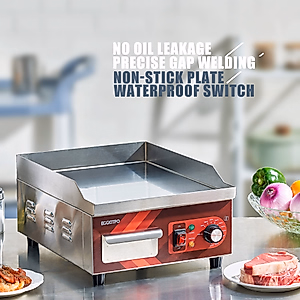 EGGKITPO 14 Inch Electric Griddle, Non-Stick Flat Top Grill Commercial Electric Countertop Griddles Stainless Steel Adjustable Temperature Control 90°F-575°F for Home or Restaurant Use