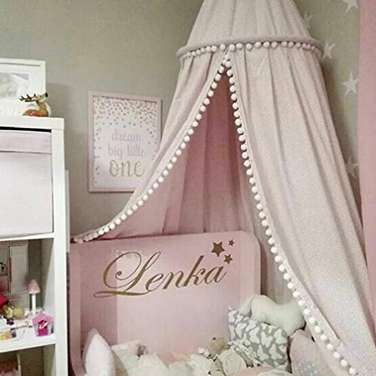LOAOL Kids Bed Canopy with Pom Pom Cotton Canopy for Crib Baby Girl Netting Cover Canopy Crib Curtain Reading Nook Hanging Tent Nursery Play Game Castle House Decoration (Pink Pompom)