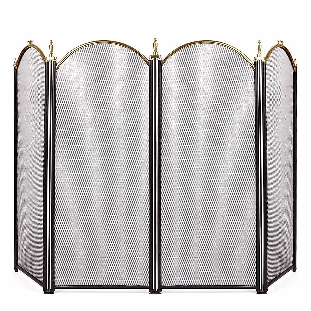 AMAGABELI GARDEN & HOME Decorative Gold Fireplace Screen 4 Panel Folding Ornate Wrought Iron Black Metal Fire Place Free Standing Gate Large Mesh Solid Steel Spark Guard Cover Outdoor Accessories