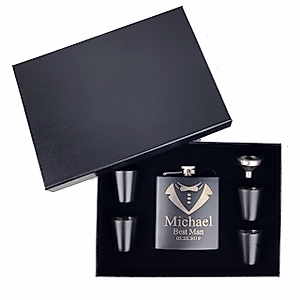 Personalize Gift Groomsmen Proposal 6pc Black Flask Gift Box Set Custom Laser Engraving