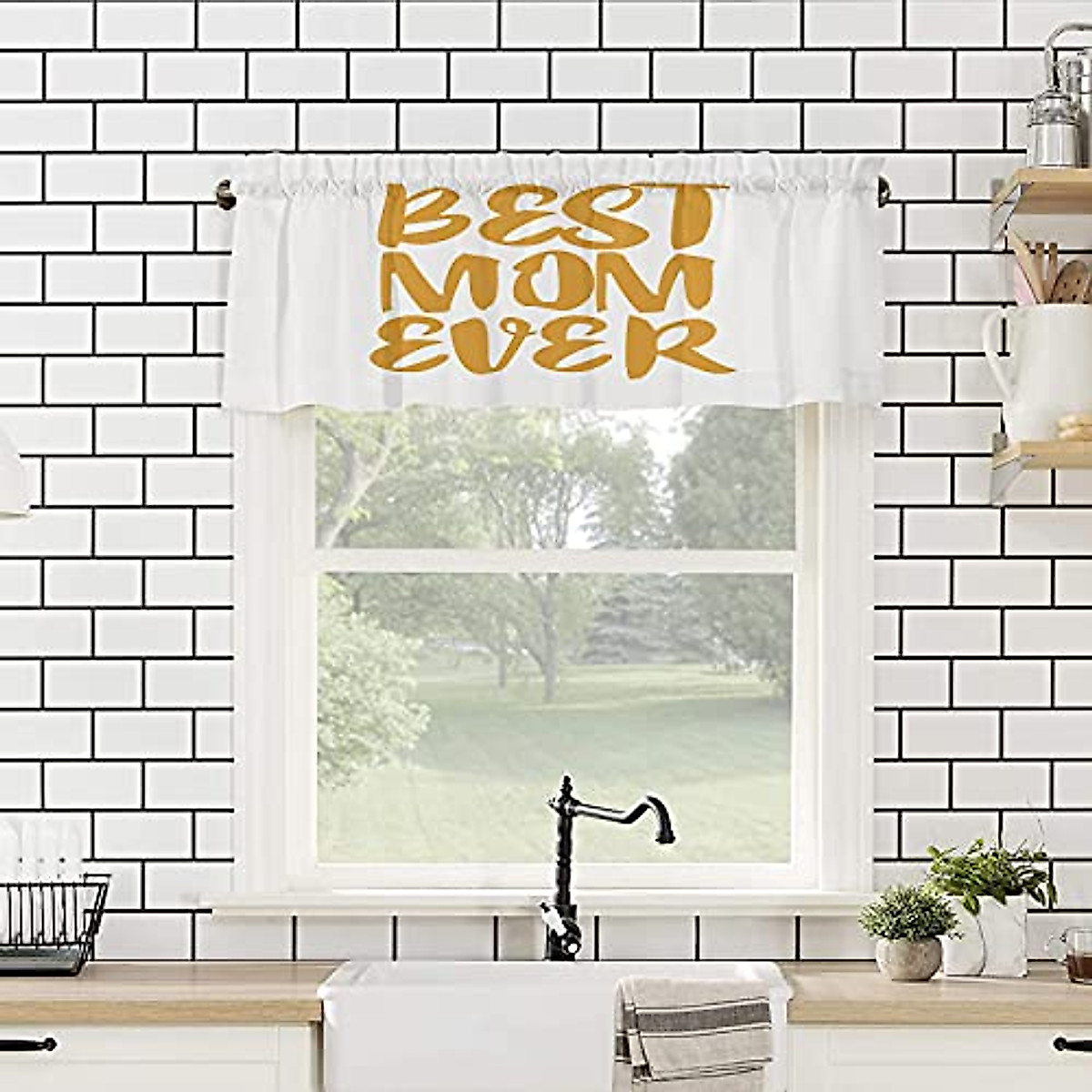 Funnywall88 Curtain Valance for Kitchen,Gold Best Mom Ever White Background Window Treatment Valance Curtains Rod Pocket Valances for Living Room,Dining Room,Bedroom,Kitchen Valance 42"x18"