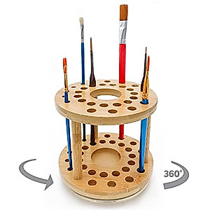 Paint Brush Holder 360 Rotating Bamboo Display Drying Stand Watercolor Coloring Brush Organizer Display Stand Tray Rack with 29 Holes（1 Big Hole 23 middle Holes 5 Small Holes）