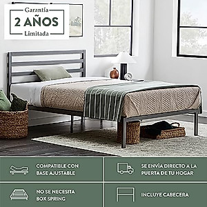 Edenbrook Cassidy Metal Platform Bed Frame with Metal Headboard - Box Spring Not Required - Wood Slat Support, Grey, Queen